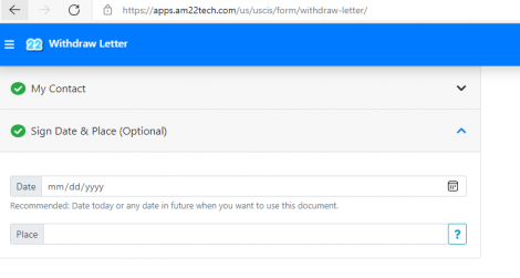 USCIS Application Withdrawal Letter with Receipt Barcode - USA