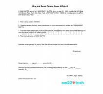 One and Same Person Affidavit for Multiple Names (Immigration/Other) - USA